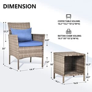 Patio Porch Furniture Sets 3 Pieces Rattan Wicker Chairs with Table and 2 Pillow Outdoor Garden Furniture Sets Conversation Chair Set