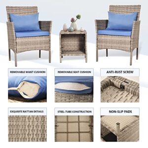 Patio Porch Furniture Sets 3 Pieces Rattan Wicker Chairs with Table and 2 Pillow Outdoor Garden Furniture Sets Conversation Chair Set