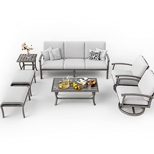 HAPPATIO 7 Piece Aluminum Patio Furniture Set, 3-Seat Outdoor Ottoman and Swivel Armchair, All-Weather Outdoor Sectional Sofa with Side Table and Coffee Table, Garden Conversation Set for Lawn(Gray)