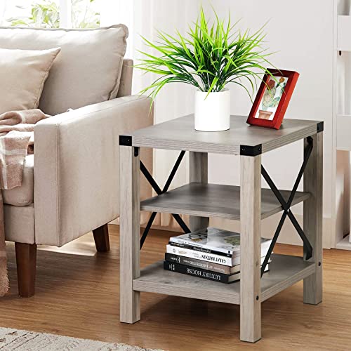 IDEALHOUSE Farmhouse End Table 18.1" Sofa Side End Table for Living Room 3-Tier Industrial Gray Storage Nightstand Table with Removable Middle Shelf (Used as 2-Tier Table) Easy Assembly X Metal Frame