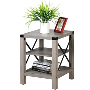 IDEALHOUSE Farmhouse End Table 18.1" Sofa Side End Table for Living Room 3-Tier Industrial Gray Storage Nightstand Table with Removable Middle Shelf (Used as 2-Tier Table) Easy Assembly X Metal Frame