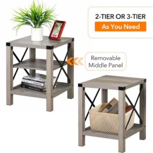 IDEALHOUSE Farmhouse End Table 18.1" Sofa Side End Table for Living Room 3-Tier Industrial Gray Storage Nightstand Table with Removable Middle Shelf (Used as 2-Tier Table) Easy Assembly X Metal Frame