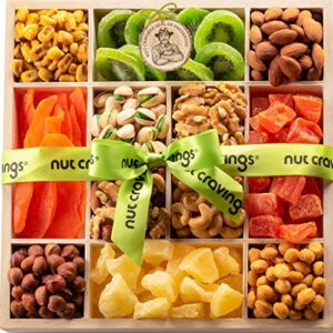 dried fruit & mixed nuts gift basket in reusable wooden tray + ribbon (12 assortments) purim mishloach manot gourmet food bouquet arrangement platter, birthday care package, healthy kosher snack box