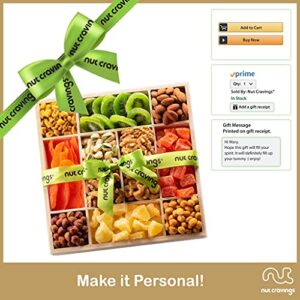 Dried Fruit & Mixed Nuts Gift Basket in Reusable Wooden Tray + Ribbon (12 Assortments) Purim Mishloach Manot Gourmet Food Bouquet Arrangement Platter, Birthday Care Package, Healthy Kosher Snack Box