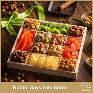 Dried Fruit & Mixed Nuts Gift Basket in Reusable Wooden Tray + Ribbon (12 Assortments) Purim Mishloach Manot Gourmet Food Bouquet Arrangement Platter, Birthday Care Package, Healthy Kosher Snack Box