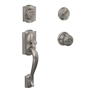 schlage f60 v cam 619 geo camelot front entry handleset with georgian knob, deadbolt keyed 1 side, satin nickel