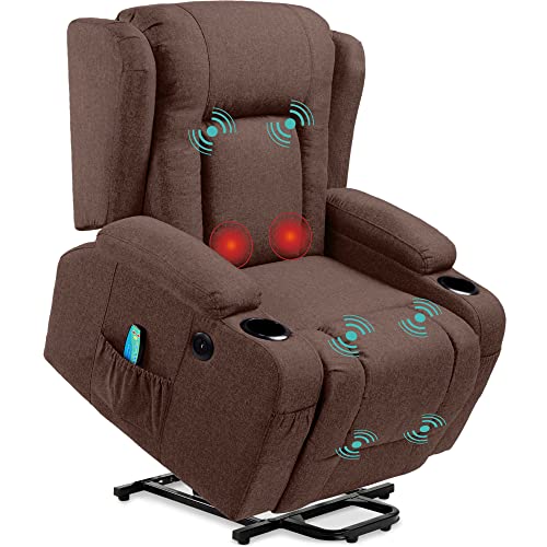 Best Choice Products Electric Power Lift Linen Recliner Massage Chair, Adjustable Furniture for Back, Lumbar, Legs w/ 3 Positions, USB Port, Heat, Cupholders, Easy-to-Reach Side Button - Brown