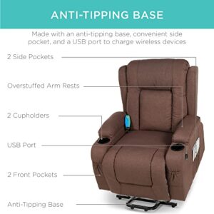 Best Choice Products Electric Power Lift Linen Recliner Massage Chair, Adjustable Furniture for Back, Lumbar, Legs w/ 3 Positions, USB Port, Heat, Cupholders, Easy-to-Reach Side Button - Brown