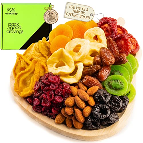 Dried Fruit & Mixed Nuts Gift Basket in Reusable Wooden Pear Tray + Ribbon (9 Assortments) Purim Mishloach Manot Gourmet Food Bouquet Platter, Birthday Care Package, Healthy Kosher Snack Box