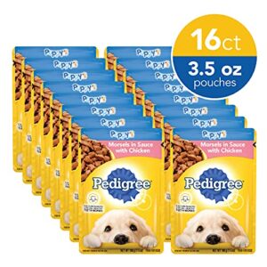 PEDIGREE PUPPY Soft Wet Dog Food Morsels in Sauce With Chicken, 3.5 oz Pouches, 16 Pack