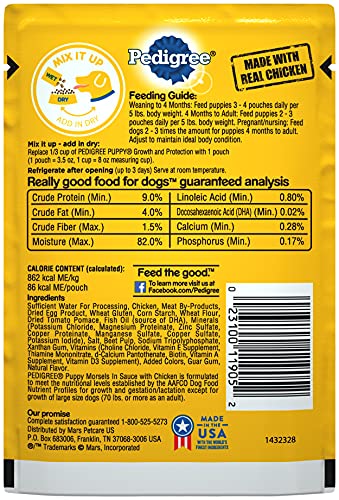 PEDIGREE PUPPY Soft Wet Dog Food Morsels in Sauce With Chicken, 3.5 oz Pouches, 16 Pack