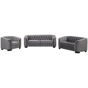 Merax Modern 3-Piece Velvet Upholstered Sofa Sets with Rubber Wood Legs, Including Three Seat Couch, Loveseat and Single Chair for Living Room, Grey - A+B+C