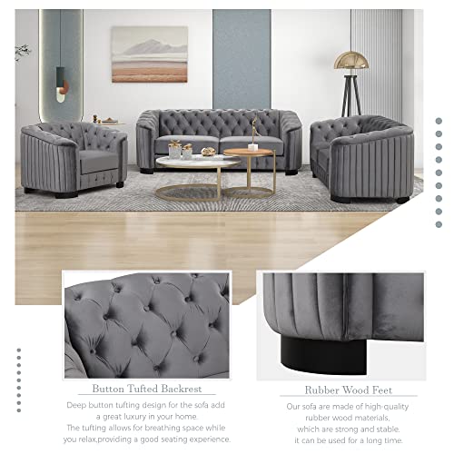 Merax Modern 3-Piece Velvet Upholstered Sofa Sets with Rubber Wood Legs, Including Three Seat Couch, Loveseat and Single Chair for Living Room, Grey - A+B+C