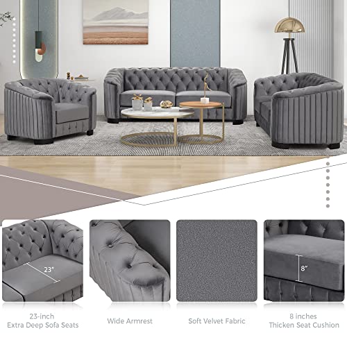 Merax Modern 3-Piece Velvet Upholstered Sofa Sets with Rubber Wood Legs, Including Three Seat Couch, Loveseat and Single Chair for Living Room, Grey - A+B+C