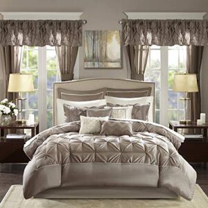 Madison Park Essentials Room in a Bag Faux Silk Comforter Set - Luxe Diamond Tufting All Season Bedding, Matching Curtains, Decorative Pillows, Taupe Queen(90"x90") 24 Piece