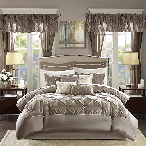 Madison Park Essentials Room in a Bag Faux Silk Comforter Set - Luxe Diamond Tufting All Season Bedding, Matching Curtains, Decorative Pillows, Taupe Queen(90"x90") 24 Piece