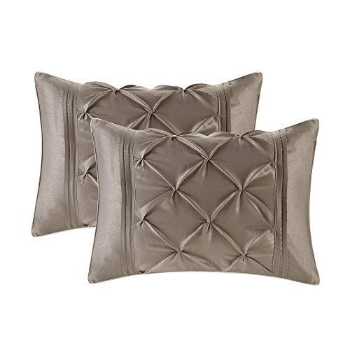 Madison Park Essentials Room in a Bag Faux Silk Comforter Set - Luxe Diamond Tufting All Season Bedding, Matching Curtains, Decorative Pillows, Taupe Queen(90"x90") 24 Piece