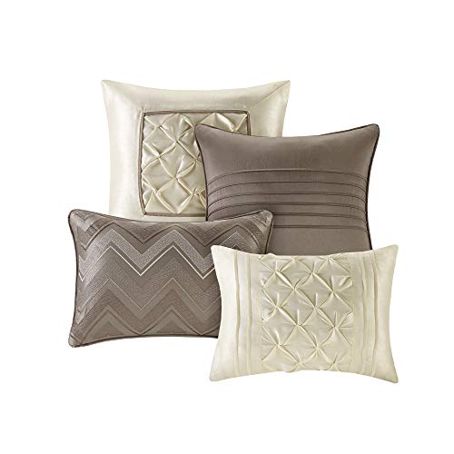 Madison Park Essentials Room in a Bag Faux Silk Comforter Set - Luxe Diamond Tufting All Season Bedding, Matching Curtains, Decorative Pillows, Taupe Queen(90"x90") 24 Piece