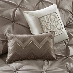 Madison Park Essentials Room in a Bag Faux Silk Comforter Set - Luxe Diamond Tufting All Season Bedding, Matching Curtains, Decorative Pillows, Taupe Queen(90"x90") 24 Piece