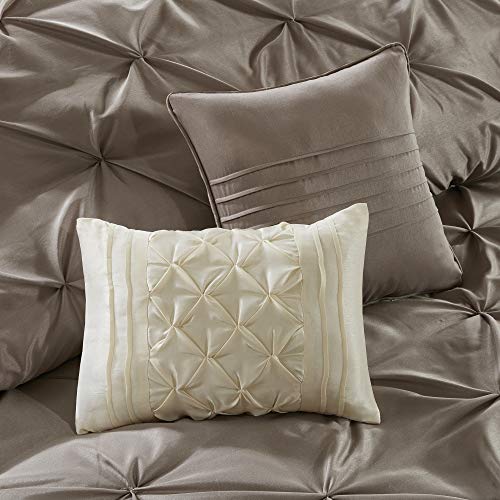 Madison Park Essentials Room in a Bag Faux Silk Comforter Set - Luxe Diamond Tufting All Season Bedding, Matching Curtains, Decorative Pillows, Taupe Queen(90"x90") 24 Piece