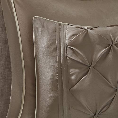 Madison Park Essentials Room in a Bag Faux Silk Comforter Set - Luxe Diamond Tufting All Season Bedding, Matching Curtains, Decorative Pillows, Taupe Queen(90"x90") 24 Piece