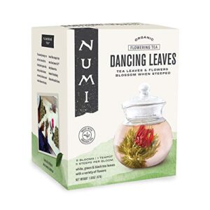 numi organic tea dancing leaves flowering tea gift set, 5 tea blossoms with 16 ounce glass teapot (packaging may vary)