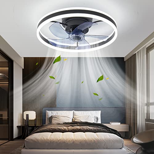 monard Ceiling Fans with Lights, 19.7" Low Profile Flush Mount Ceiling Fan with Remote Control, Small Ceiling Fan with Dimmable Led Lights for Bedroom, Bladeless, APP Control(Black)