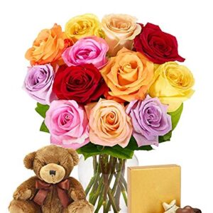 From You Flowers - One Dozen Rainbow Roses with Chocolates & Bear with Free Vase (Fresh Flowers)