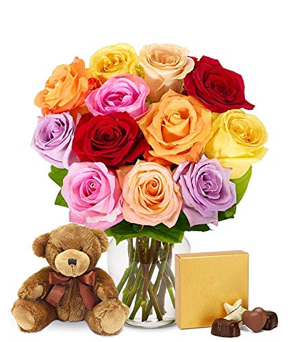 From You Flowers - One Dozen Rainbow Roses with Chocolates & Bear with Free Vase (Fresh Flowers)