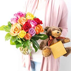 From You Flowers - One Dozen Rainbow Roses with Chocolates & Bear with Free Vase (Fresh Flowers)