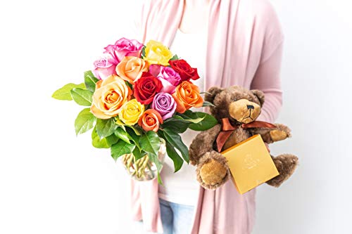 From You Flowers - One Dozen Rainbow Roses with Chocolates & Bear with Free Vase (Fresh Flowers)