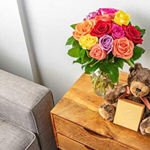 From You Flowers - One Dozen Rainbow Roses with Chocolates & Bear with Free Vase (Fresh Flowers)