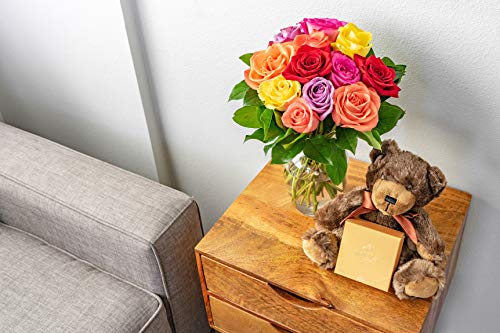 From You Flowers - One Dozen Rainbow Roses with Chocolates & Bear with Free Vase (Fresh Flowers)