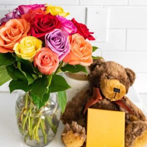 From You Flowers - One Dozen Rainbow Roses with Chocolates & Bear with Free Vase (Fresh Flowers)