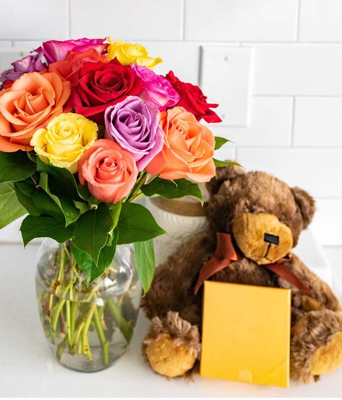 From You Flowers - One Dozen Rainbow Roses with Chocolates & Bear with Free Vase (Fresh Flowers)