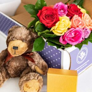 From You Flowers - One Dozen Rainbow Roses with Chocolates & Bear with Free Vase (Fresh Flowers)