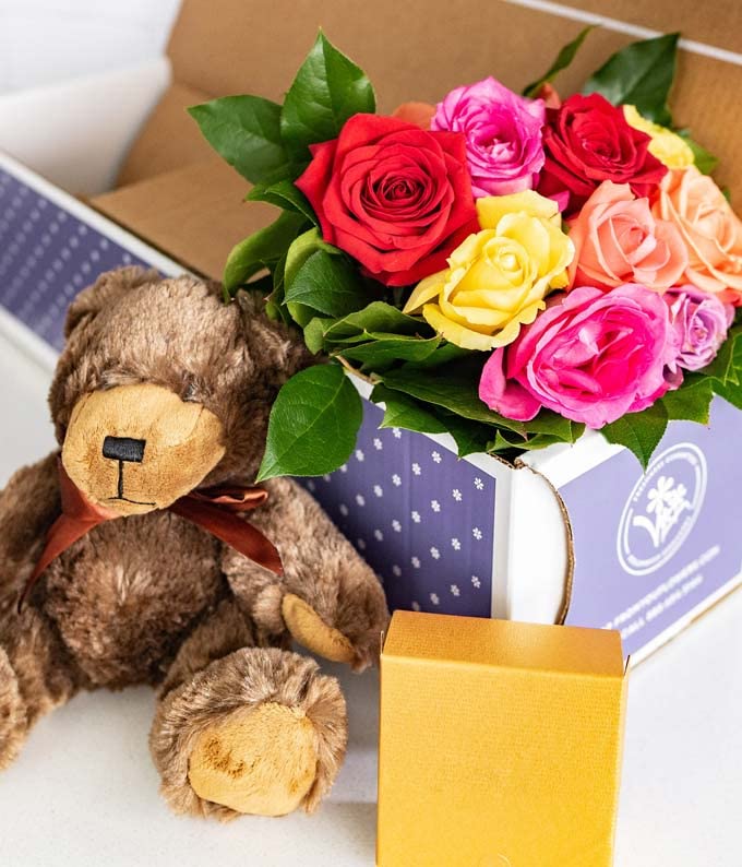 From You Flowers - One Dozen Rainbow Roses with Chocolates & Bear with Free Vase (Fresh Flowers)