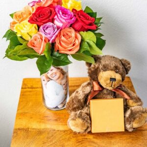 From You Flowers - One Dozen Rainbow Roses with Chocolates & Bear with Free Vase (Fresh Flowers)