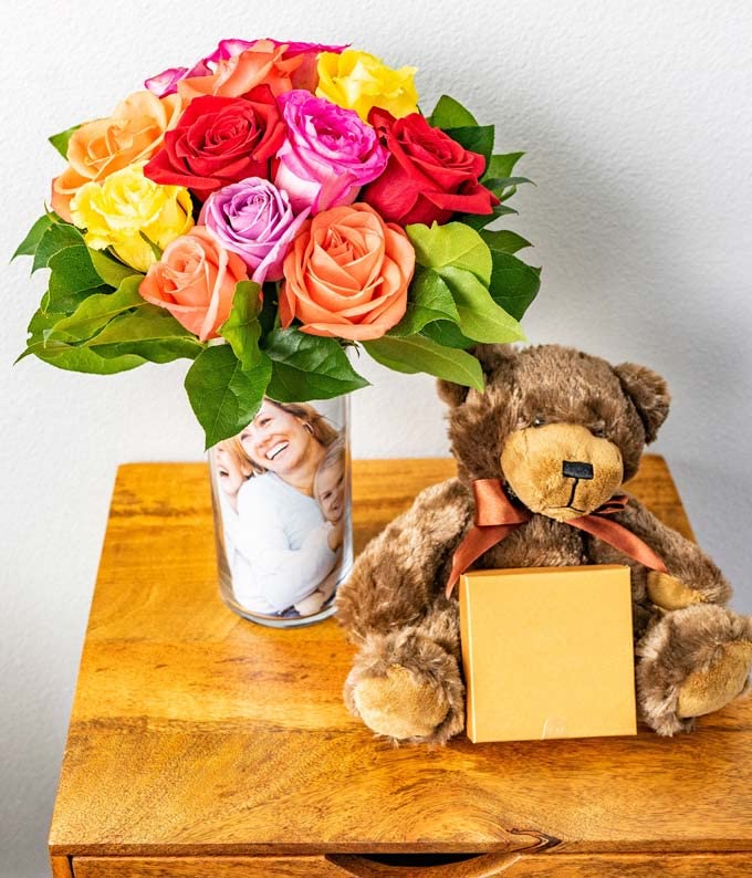 From You Flowers - One Dozen Rainbow Roses with Chocolates & Bear with Free Vase (Fresh Flowers)