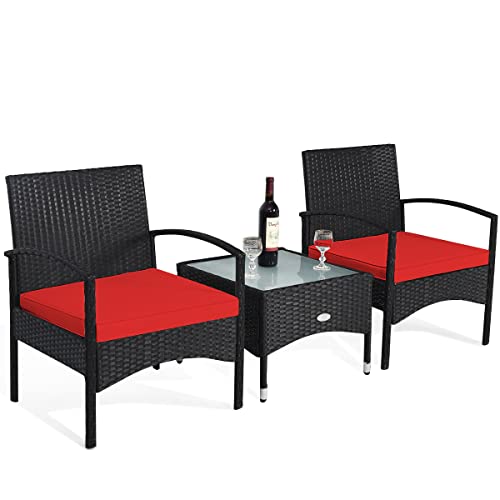 Tangkula 3 Pieces Patio Wicker Rattan Furniture Set, Rattan Chair with Coffee Table, High Load Bearing Chair Conversation Sets for Patio Garden Lawn Backyard Pool