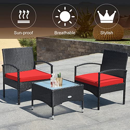 Tangkula 3 Pieces Patio Wicker Rattan Furniture Set, Rattan Chair with Coffee Table, High Load Bearing Chair Conversation Sets for Patio Garden Lawn Backyard Pool