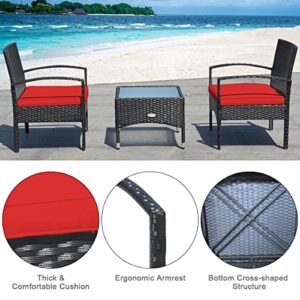 Tangkula 3 Pieces Patio Wicker Rattan Furniture Set, Rattan Chair with Coffee Table, High Load Bearing Chair Conversation Sets for Patio Garden Lawn Backyard Pool