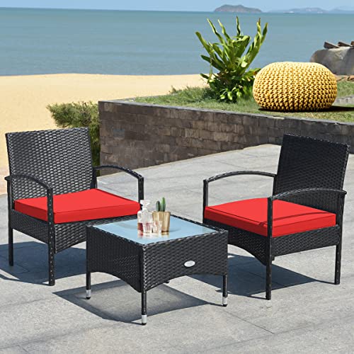 Tangkula 3 Pieces Patio Wicker Rattan Furniture Set, Rattan Chair with Coffee Table, High Load Bearing Chair Conversation Sets for Patio Garden Lawn Backyard Pool