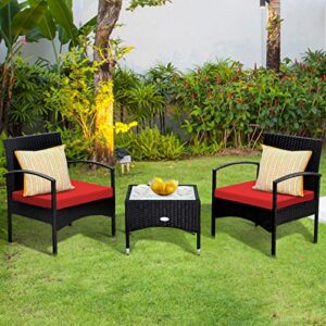 Tangkula 3 Pieces Patio Wicker Rattan Furniture Set, Rattan Chair with Coffee Table, High Load Bearing Chair Conversation Sets for Patio Garden Lawn Backyard Pool