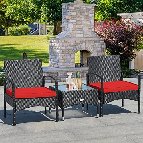 Tangkula 3 Pieces Patio Wicker Rattan Furniture Set, Rattan Chair with Coffee Table, High Load Bearing Chair Conversation Sets for Patio Garden Lawn Backyard Pool