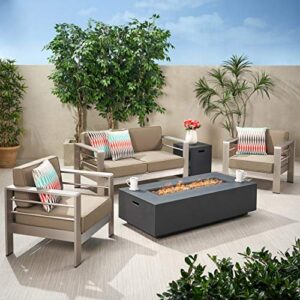 Christopher Knight Home Cape Coral Outdoor Chat Set with Fire Table, 5-Pcs Set, Khaki / Dark Grey