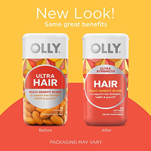 OLLY Ultra Strength Hair Softgels, Supports Hair Strength, Health and Growth, Biotin, Keratin, Vitamin D, B12, Hair Supplement, 30 Day Supply - 30 Count (Packaging May Vary)