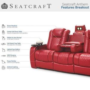 Seatcraft Anthem Home Theater Seating - Top Grain Leather - Power Recline Sofa - Fold-Down Table - Powered Headrests - Arm Storage - AC/USB and Wireless Charging - Cup Holders, Red