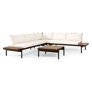 christopher knight home theo outdoor conversation sets, cream + black metal + teak