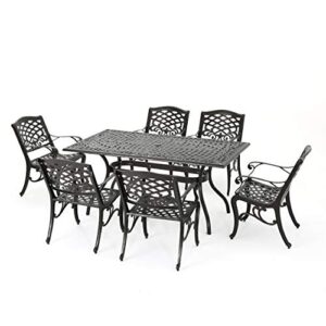 christopher knight home hallandale outdoor sarasota cast aluminum rectangular dining set, 7-pcs set, hammered bronze